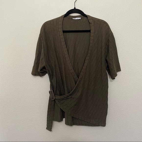 Zara | Tops | Zara Olive Green Wrap Front Striped Slub Knit Blouse Szl ...
